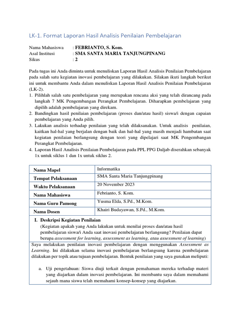 LK 1 Laporan Hasil Analisis Penilaian Pembelajaran Febrianto | PDF | Karier & Perkembangan