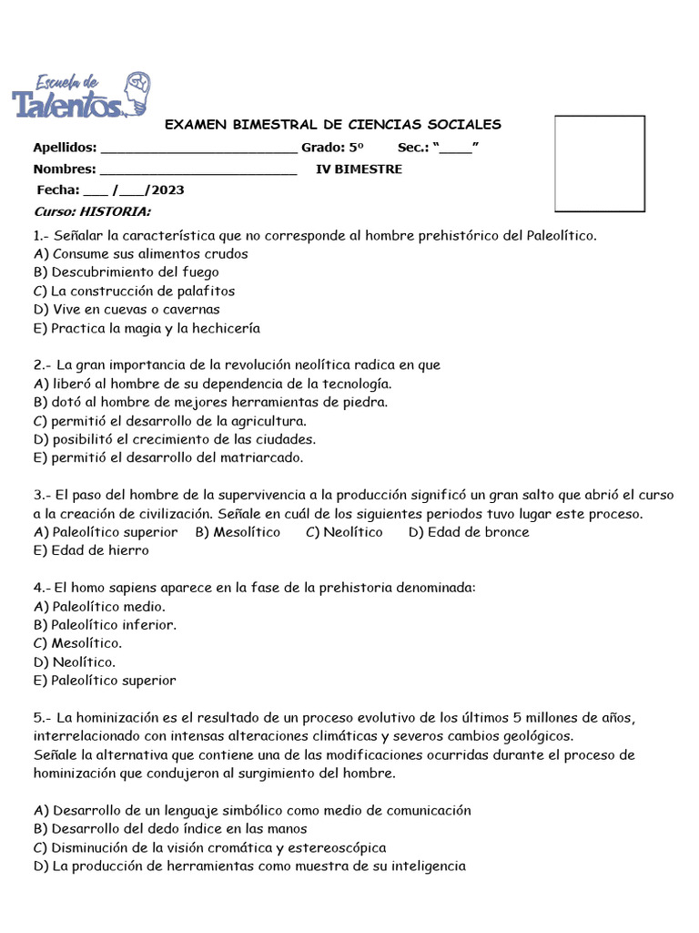 Examen De 5 To Sec PDF Neol tico Paleol tico