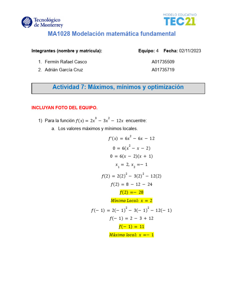 Actividad 7 - Máximos, Mínimos y Optimización | PDF | Análisis matemático | Matemáticas