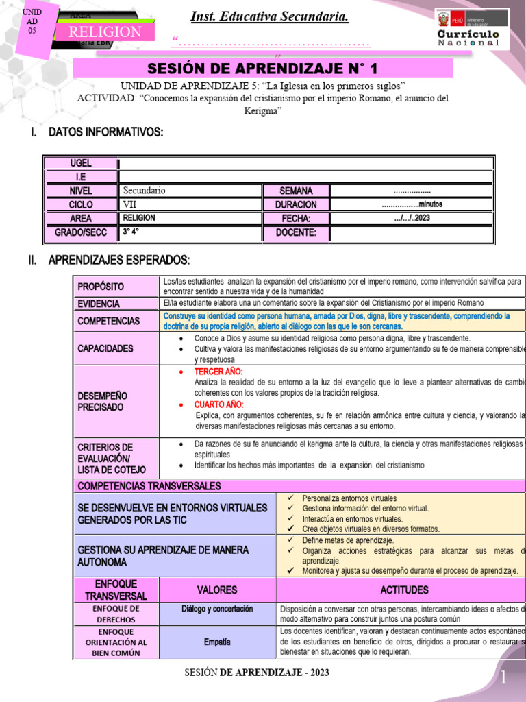 Sesion Religion 3° 4° Sec-Semana 01 Uni 5 | PDF | Aprendizaje | Evaluación