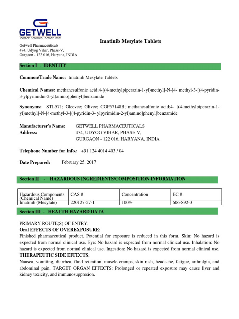 Imatinib-Mesylate-Tablets - Msds Getwell India | PDF | Personal ...