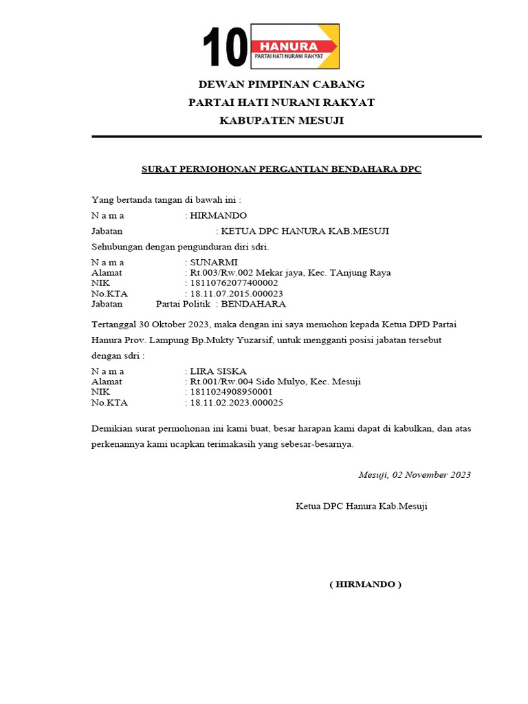 Permohonan Pergantian Bendahara DPC Hanura | PDF