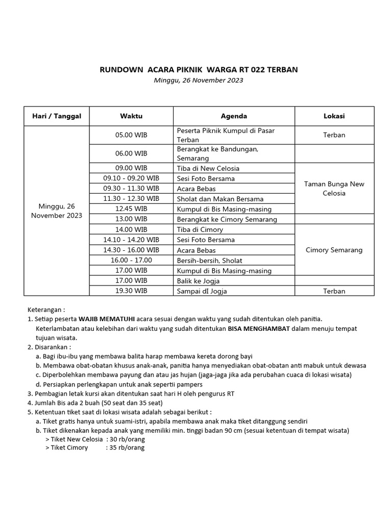 Rundown Acara Piknik Warga RT 022 Terban | PDF