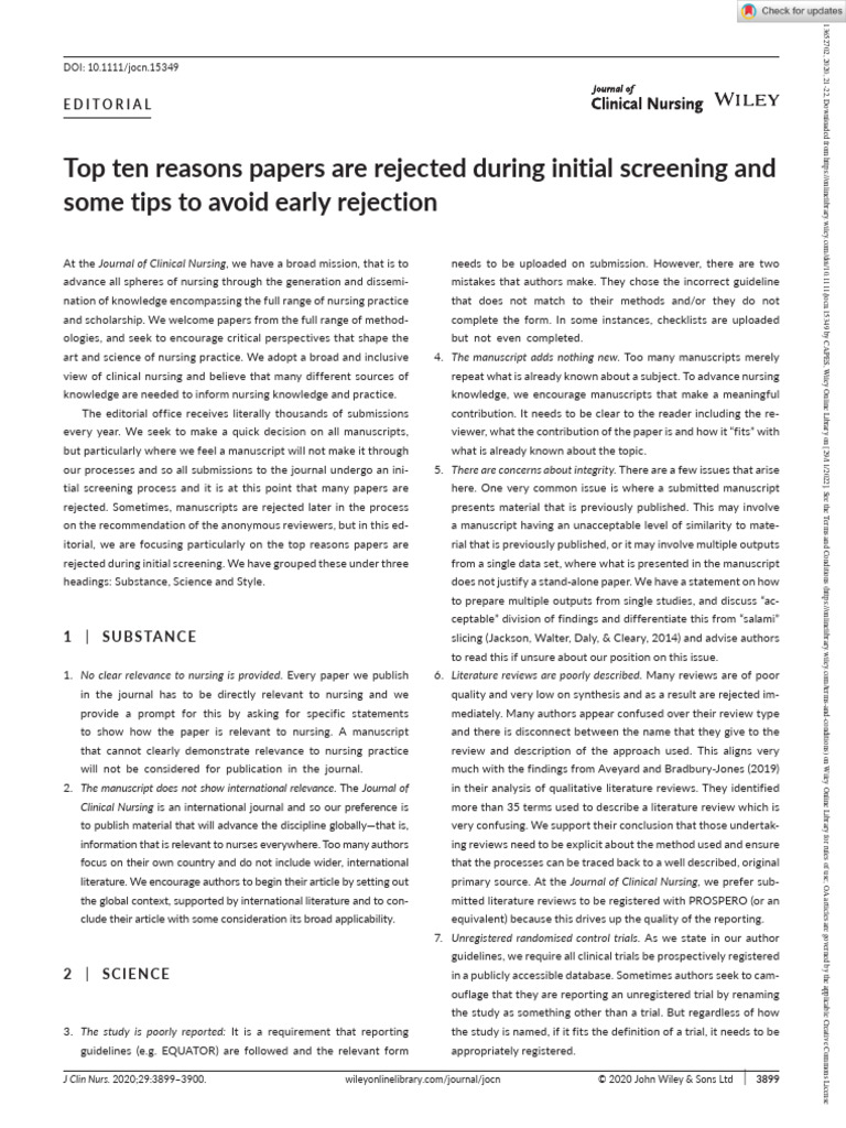 Journal of Clinical Nursing - 2020 - Jackson - Top Ten Reasons Papers Are Rejected During ...