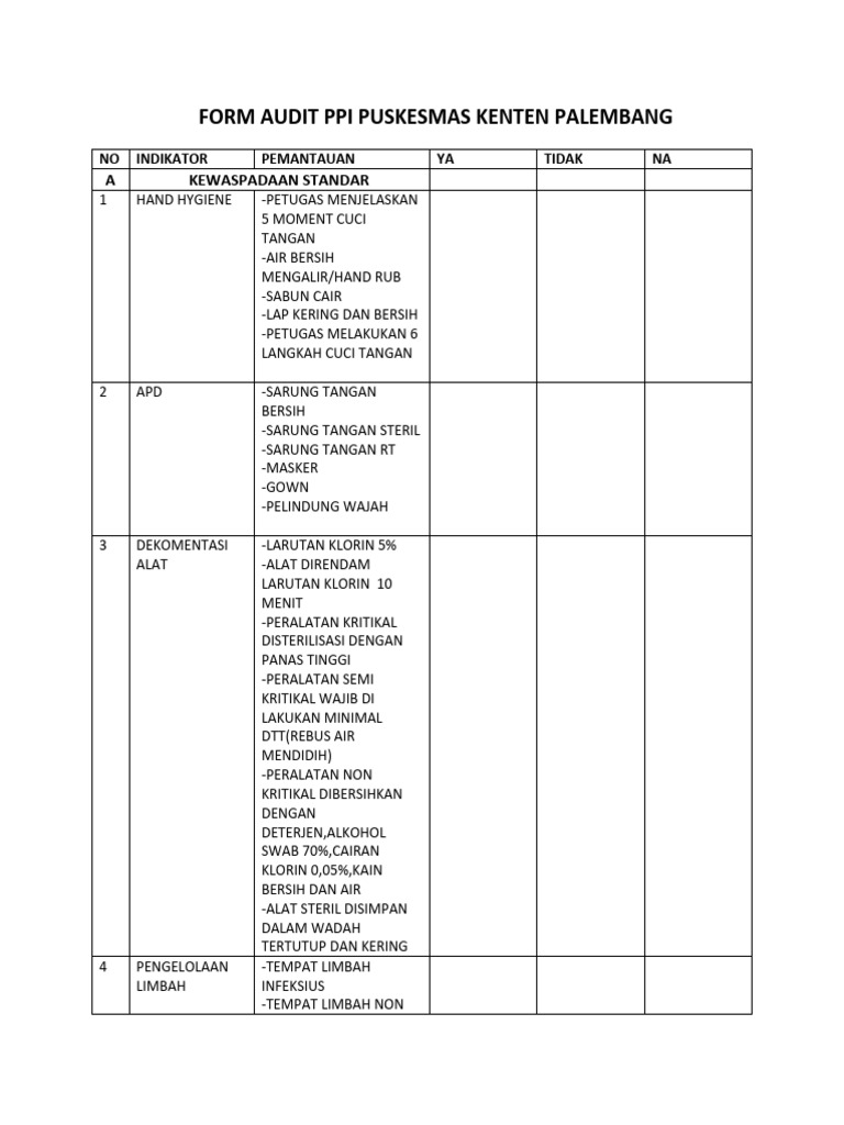 Form Audit Ppi Puskesmas Kenten Palembang | PDF