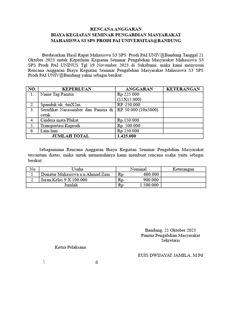 RENCANA ANGGARAN PENGABDIAN MASY UNIV@Bandung | PDF