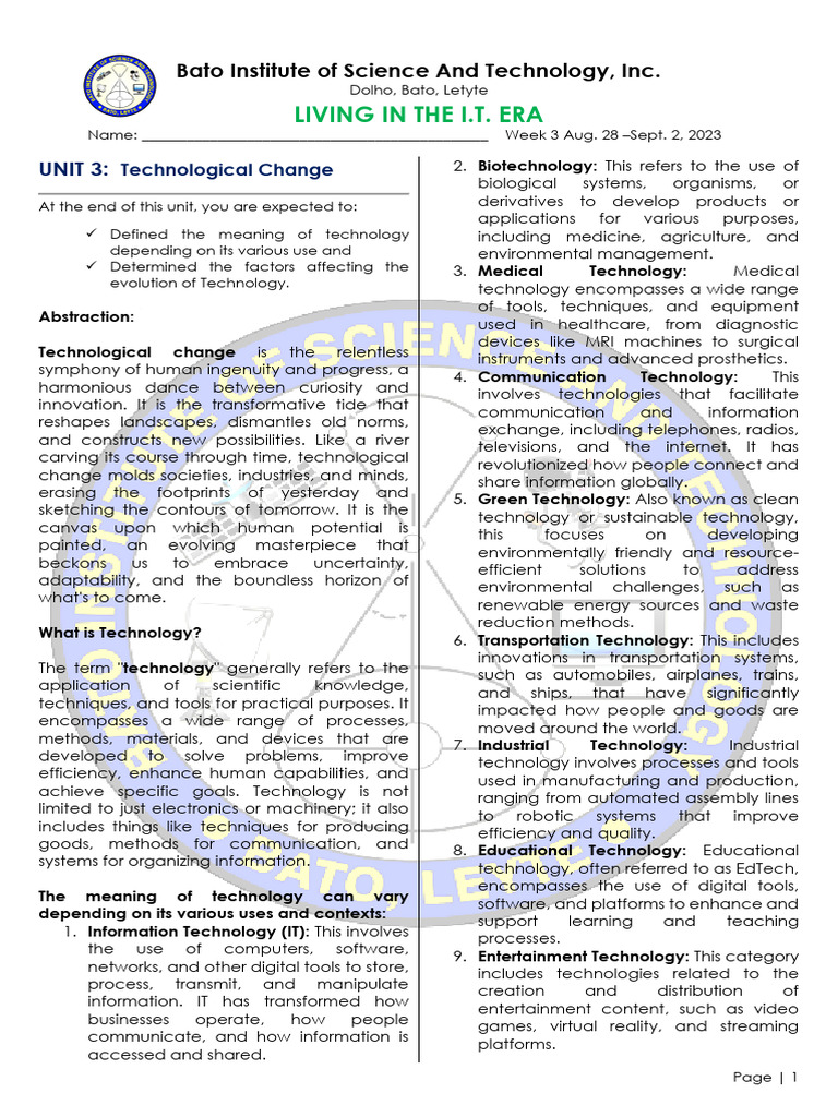 UNIT 3-Technological Change | PDF | Innovation | Educational Technology