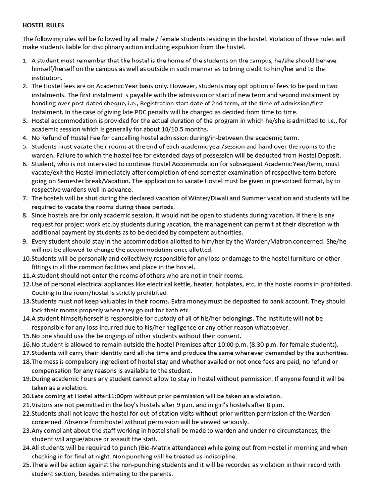 Hostel Rules and Fee Structure | PDF | Justice | Crime & Violence