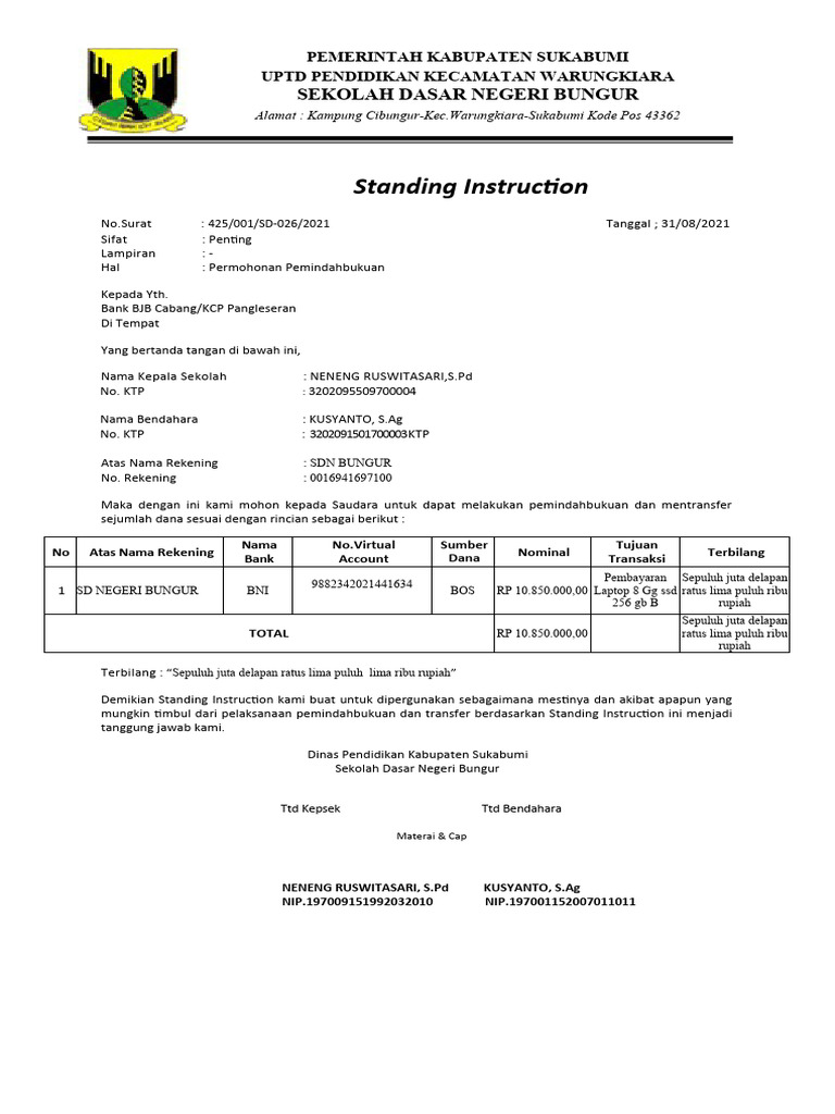 Standing Instruction SDN BUNGUR 2021 31 - 9-2021 | PDF