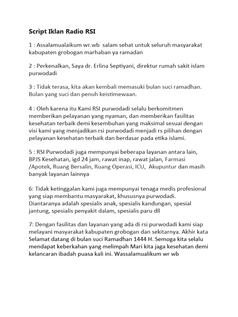 Script Iklan Radio RSI | PDF