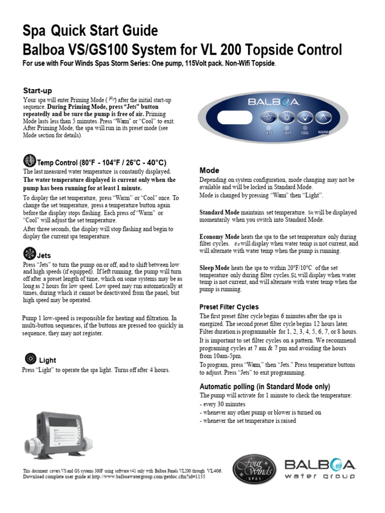 Spa Quick Start Guide Balboa VS/GS100 System For VL 200 Topside Control | PDF | Water | Freezing