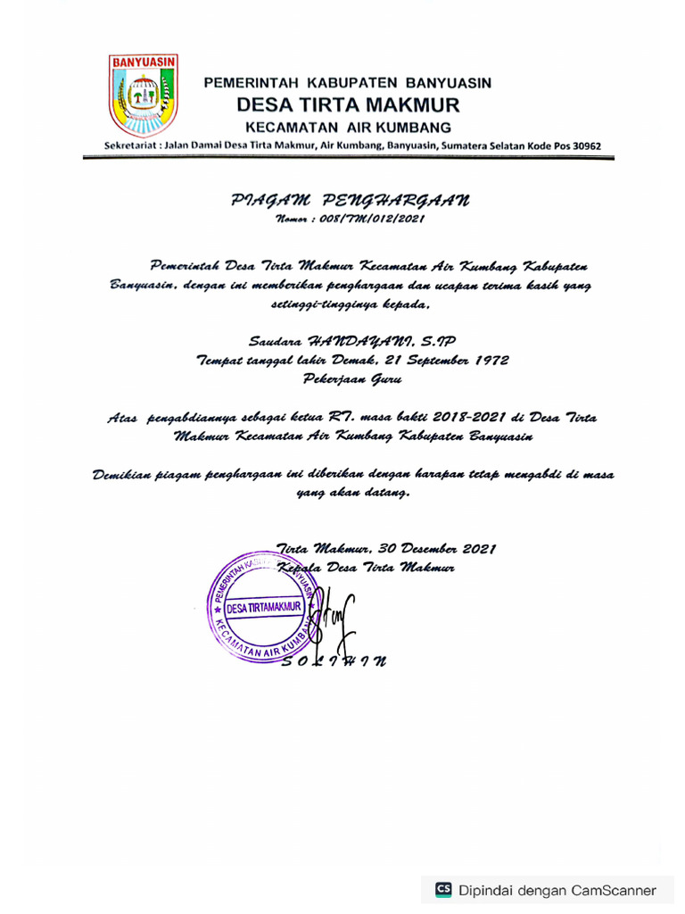 Piagam Penghargaan Sebagai RT | PDF