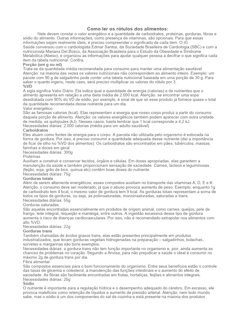 Como Ler Os Rótulos Dos Alimentos, PDF, Gordura