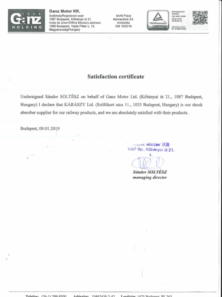 Ganz - Satisfaction Certificate - 08.01.2019 | PDF