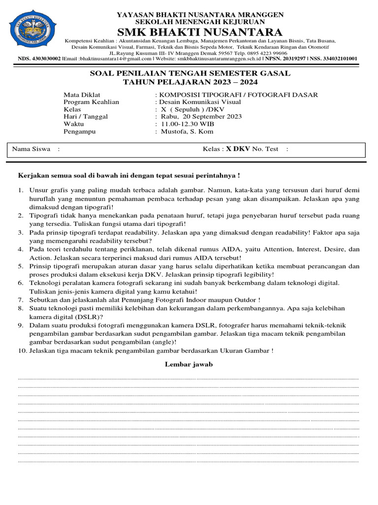 Form Soal PTS Gasal 2023 - 2024 Komposisi Tipografi Fotografi Dasar ...