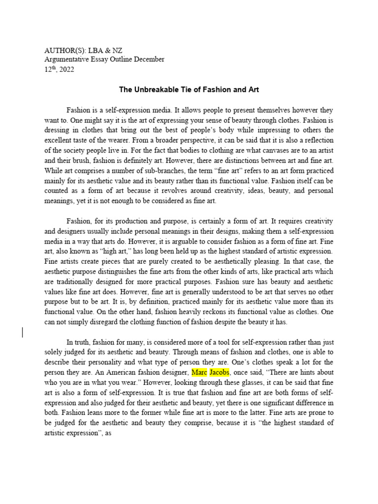 Sample of Argumentative Essay (FASHION IS NOT FINE ART) | PDF | Fashion ...