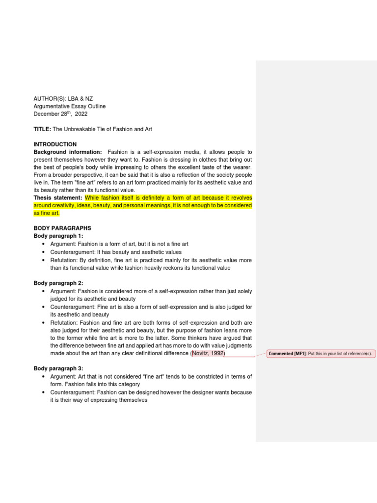 Sample of Argumentative Essay Outline (FASHION IS NOT FINE ART) | PDF ...