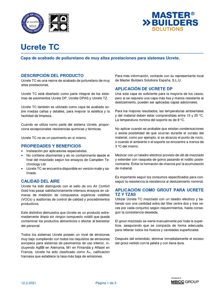 Poliuretano Piso - Ucrete TC - Ficha Tecnica | PDF | Poliuretano | Materiales