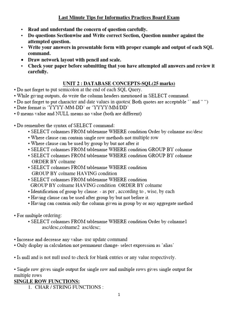 Last Minute Revision For IP Board Exam - MySQL | PDF | Computer Data ...