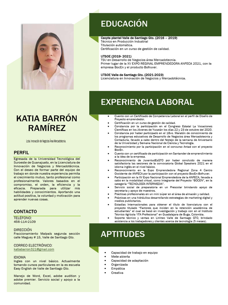 CV - Katia Barrón Ramírez | Descargar gratis PDF | Iniciativa empresarial | Marketing
