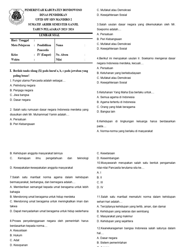 Soal Pancasila Sas 2023-2024 | PDF