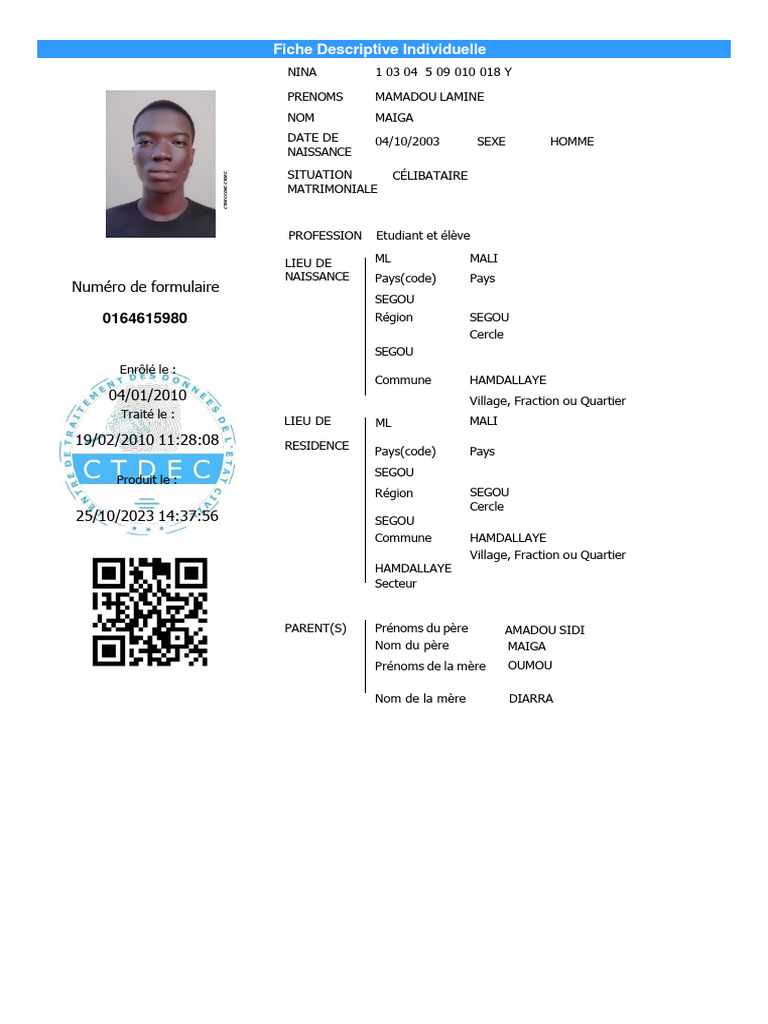 Fiche Individuelle NINA Mali 2023 | PDF