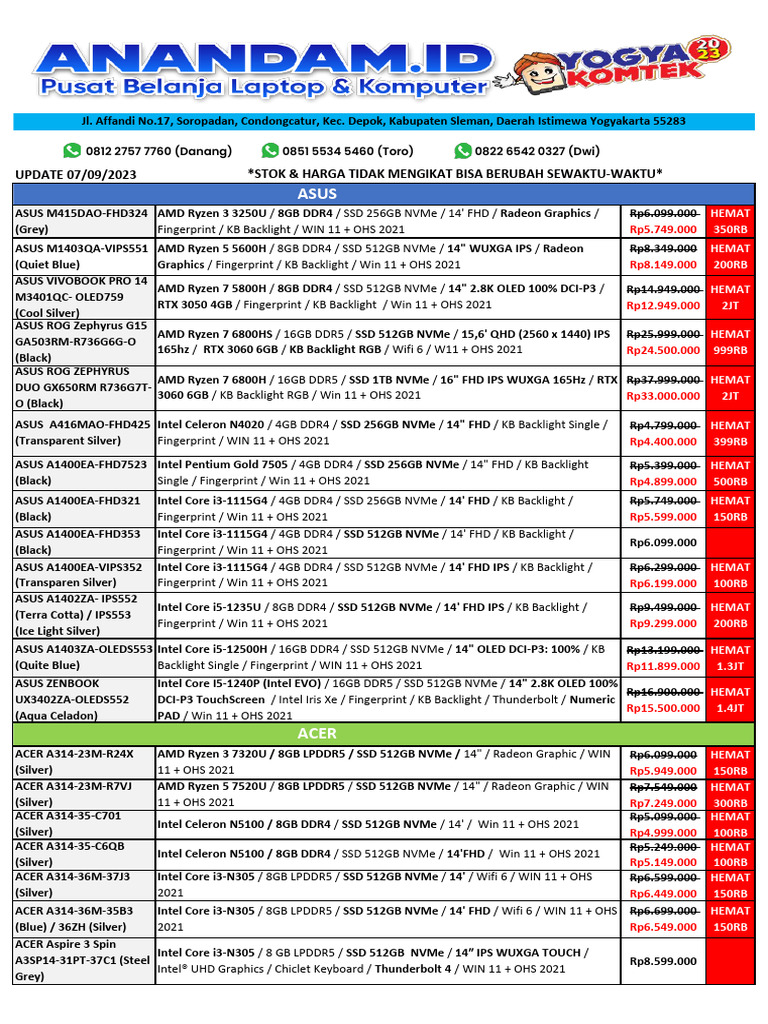 Pricelist New Notebook 07-September-2023 New | PDF | Computer Hardware | Computing