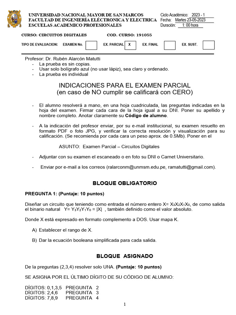 Examen Parcial - Circuitos Digitales | PDF Examen Parcial - Circuitos Digitales | PDF