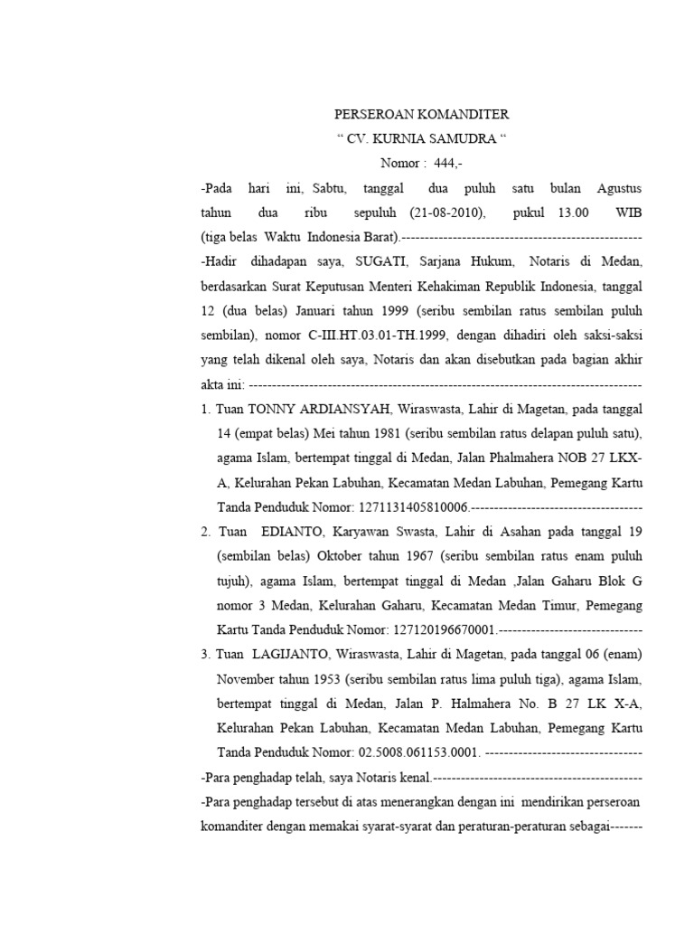 Akta Pendirian CV Kurnia Samudra | PDF