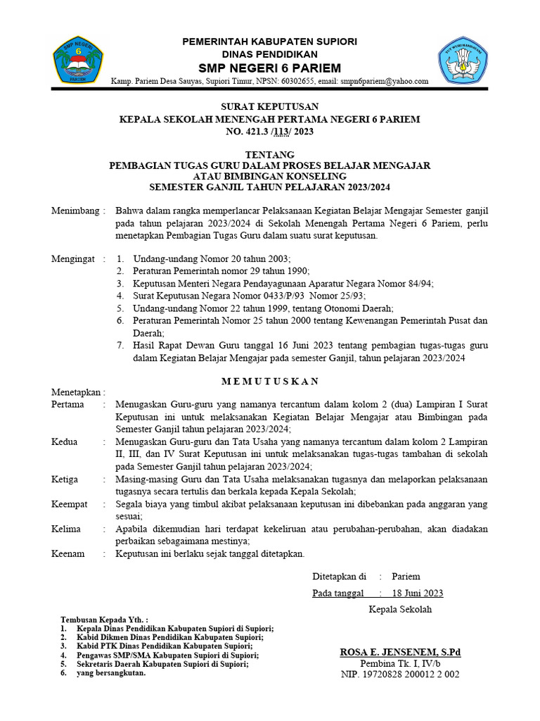 SK 113 Pembagian Tugas Sem Ganjil 2023-2024 | PDF