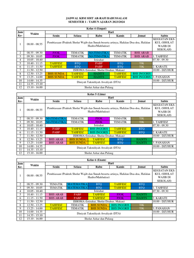 Kelas Atas - Jadwal KBM - Tahun 2023-2024 - Colorblock | PDF