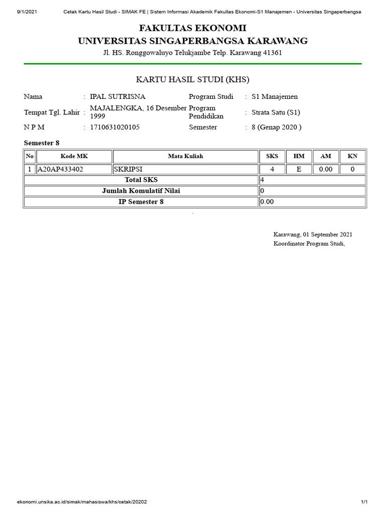 Fakultas Ekonomi Universitas Singaperbangsa Karawang: Kartu Hasil Studi ...