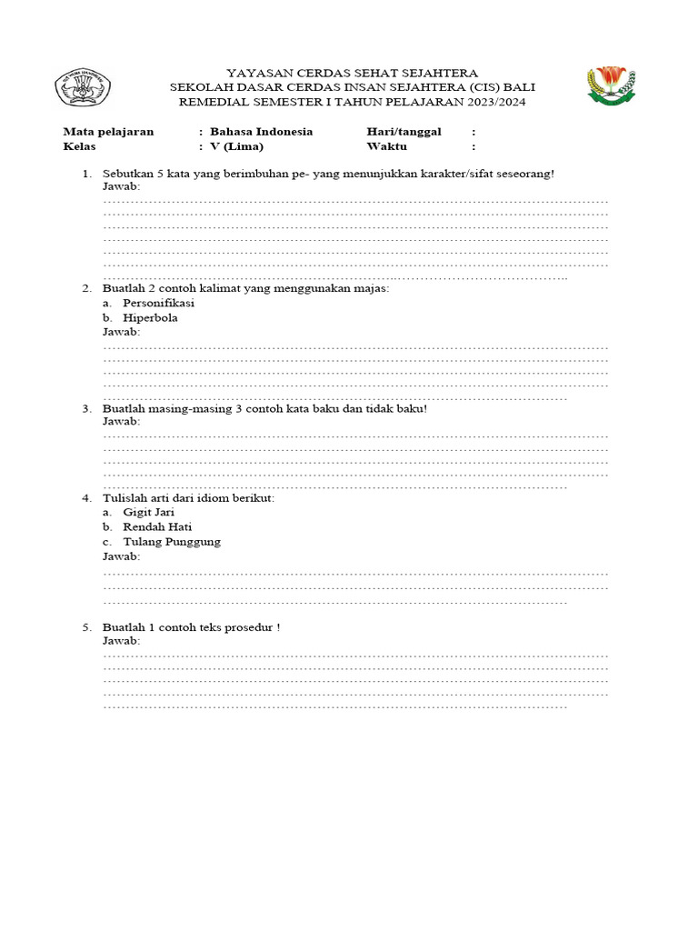 Soal Remdial Bindo Kelas V Semester 1 | PDF