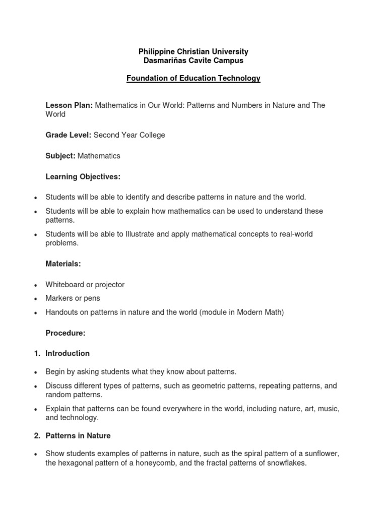 Mathematics in The Modern World Lesson Plan | PDF | Pattern | Mathematics