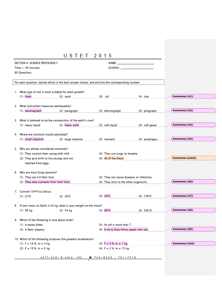 (USTET 2015) Science Proficiency | PDF | Atoms | Calcium