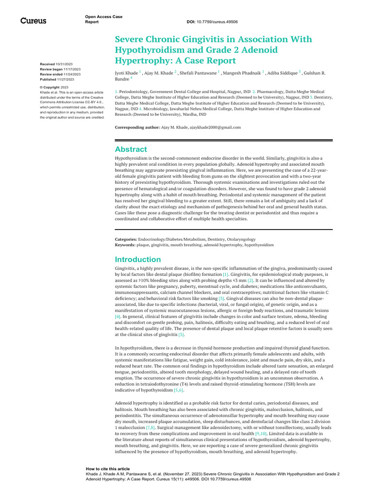 Case Report-Hypothyroidism, Adenoid Hypertrophy and Gingivitis | PDF ... Case Report-Hypothyroidism, Adenoid Hypertrophy and Gingivitis | PDF ...