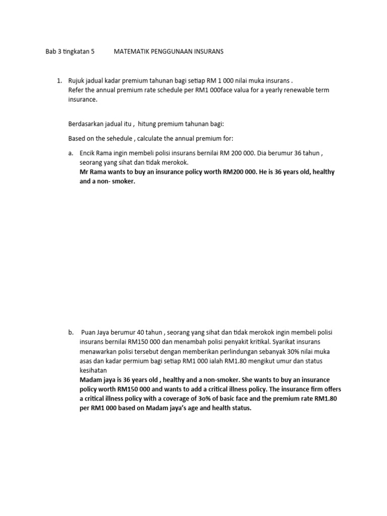 Bab 3 Tingkatan 5MATEMATIK PENGGUNAAN INSURANS | PDF | Insurance ...