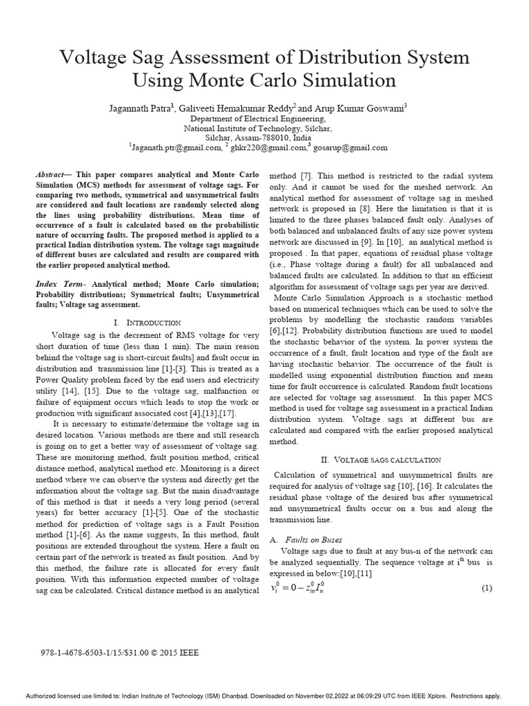 Voltage Sag Assessment of Distribution System Using Monte Carlo Simulation | PDF | Electrical ...