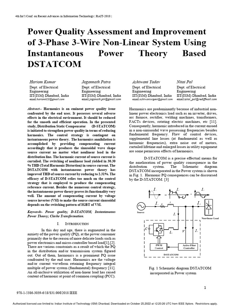 Power Quality Assessment and Improvement of 3-Phase 3-Wire Non-Linear System Using Instantaneous ...