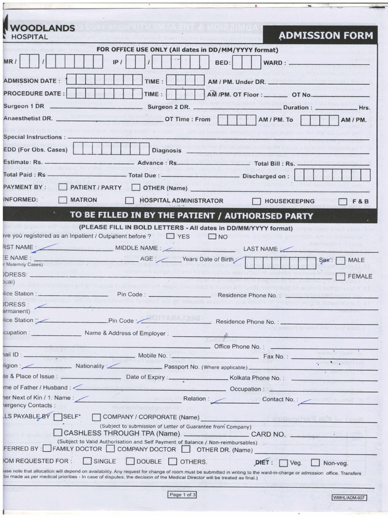 Admission Form | PDF | Hospital | Patient