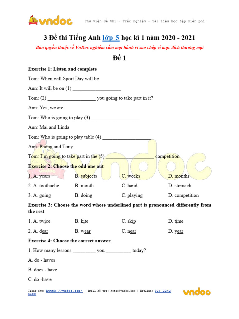 3 de Thi Tieng Anh Lop 5 Hoc Ki 1 | PDF