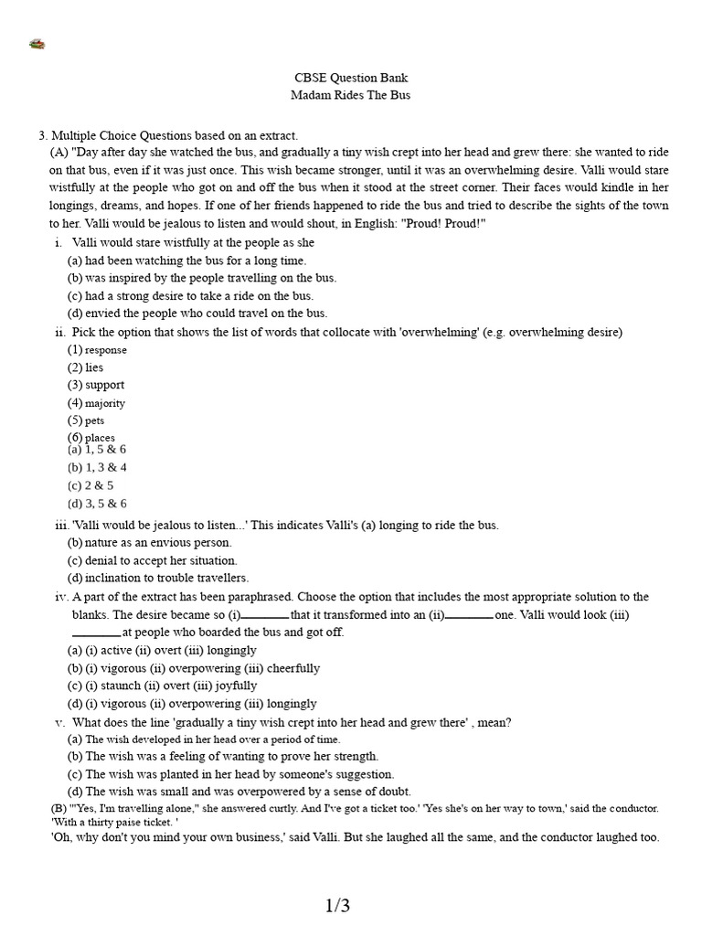 Madam Rides The Bus Imp. Question Answers | PDF