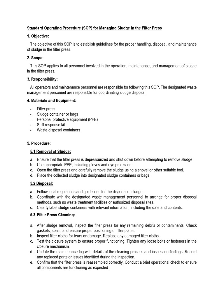 Sop Filter Press | PDF | Waste Management | Waste