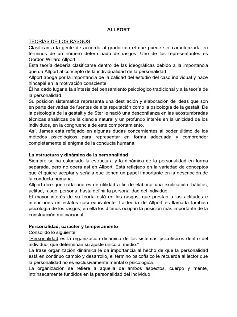 Teorías de La Personalidad Allport | PDF | Sicología | Comportamiento