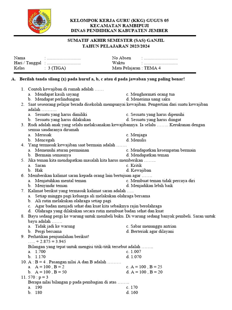 Soal Ujian Semester Tema 4 Kelas 3 | PDF
