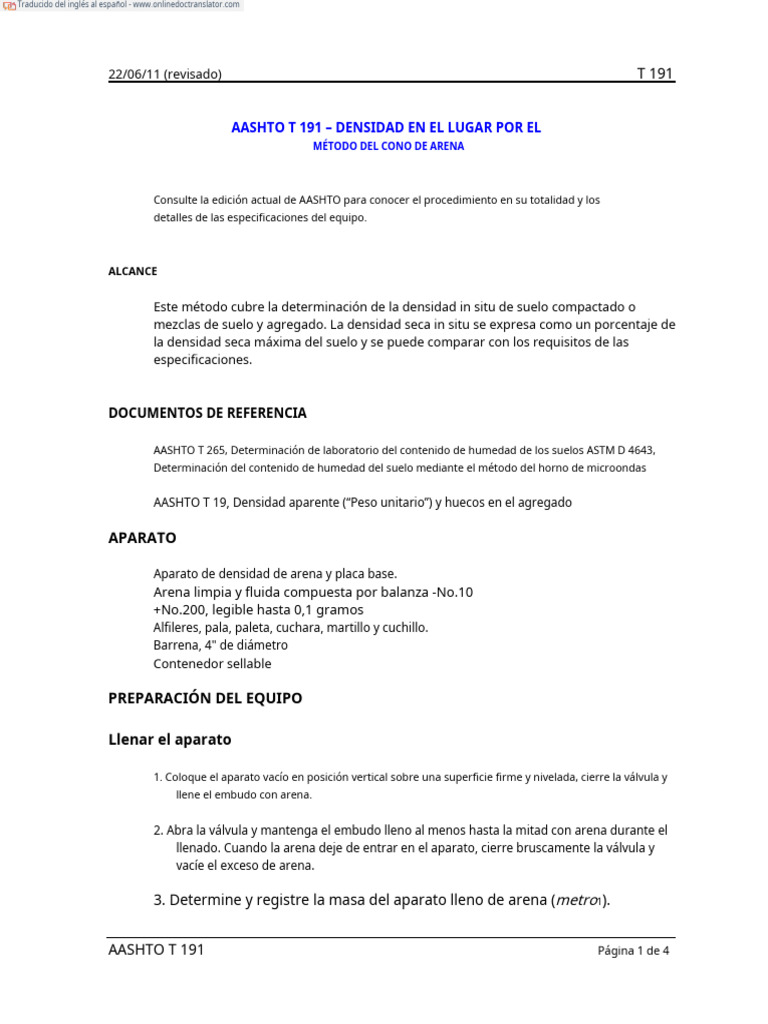Aashto t191 Density in Place by The Sand Cone Method - En.es | PDF ...