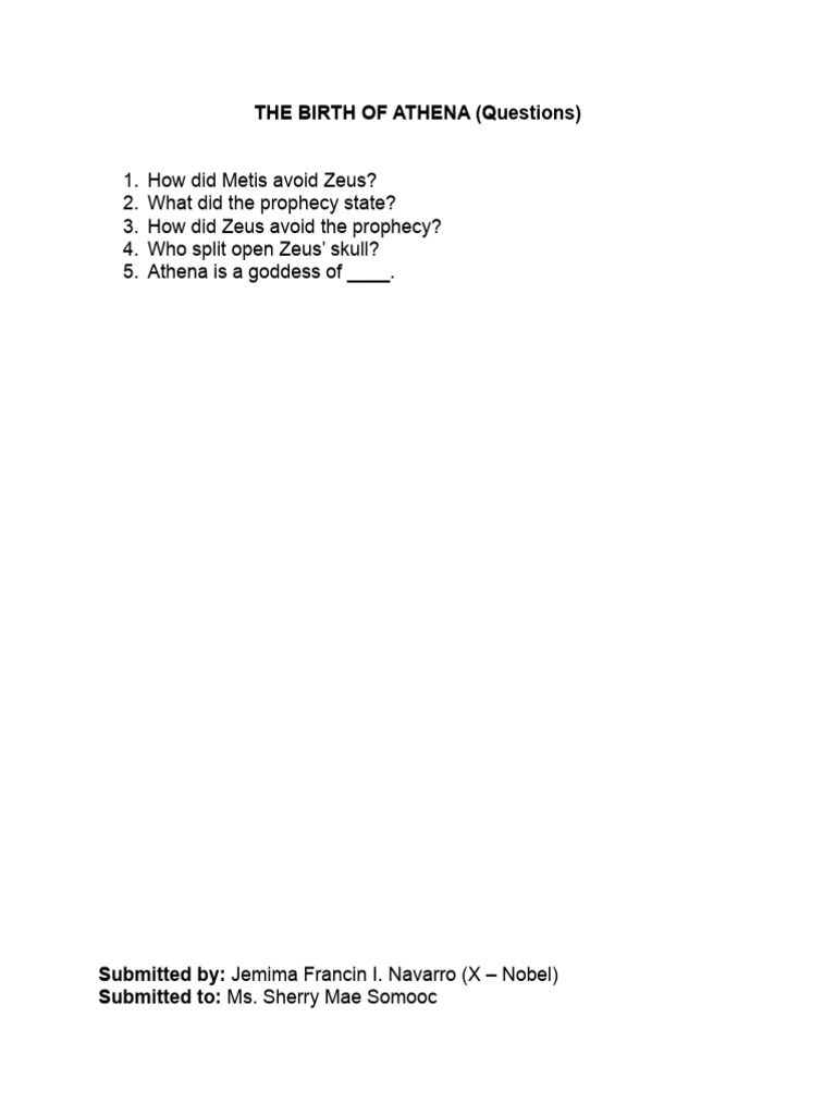 The Birth of Athena - Questions | PDF | Athena | Zeus