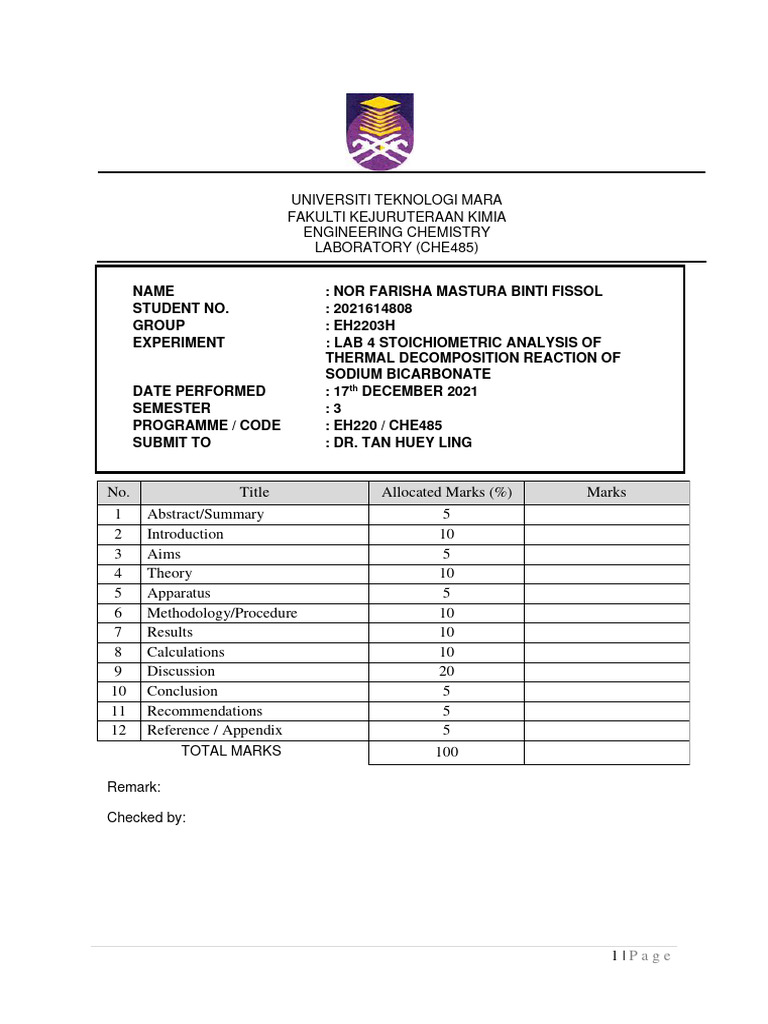 Che485 Lab 4 Stoichiometric Analysis of Thermal Decomposition Reaction of Sodium Bicarbonate ...