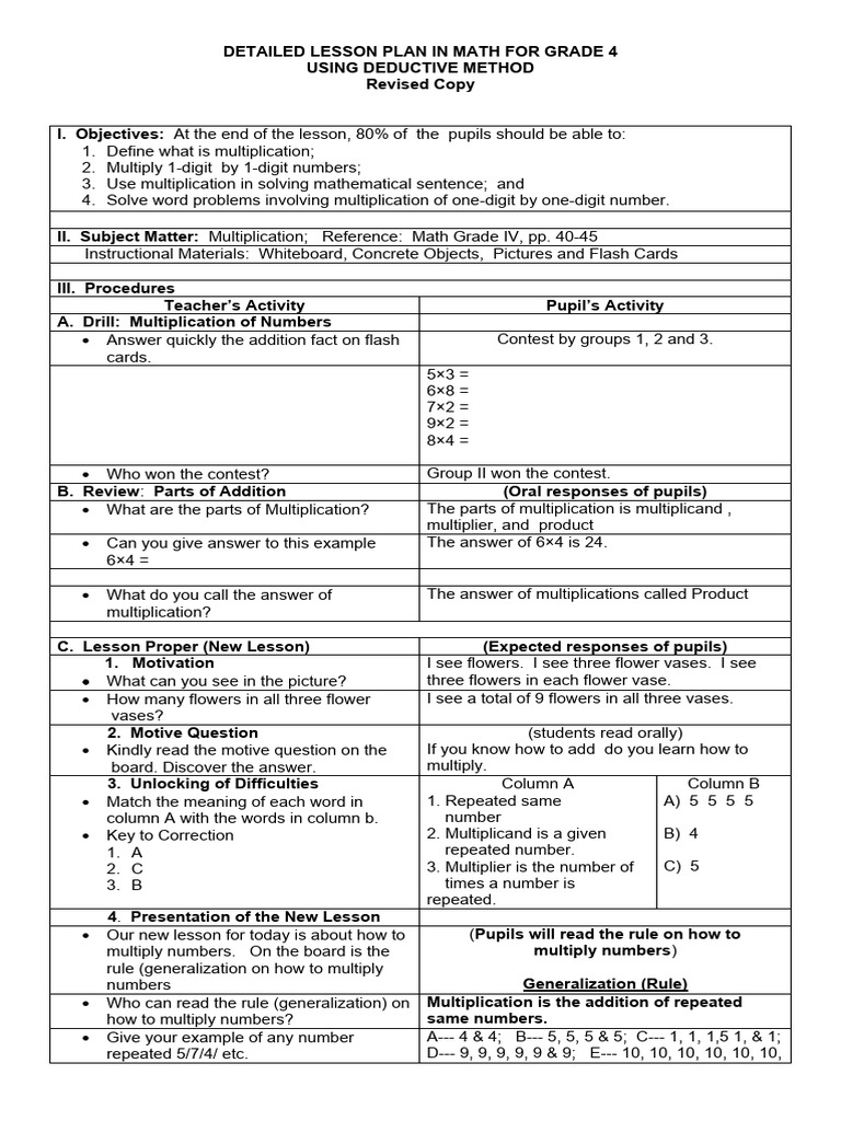 Detailed Lesson Plan in Math Grade 4 Deductive Method | PDF ...