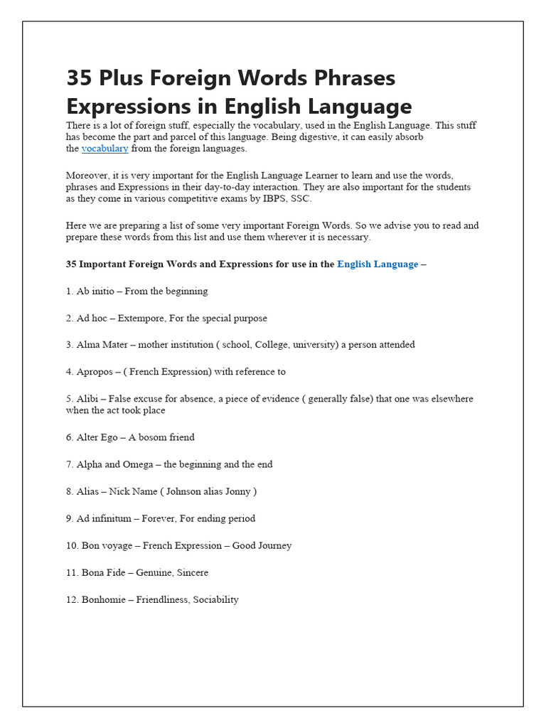35 Plus Foreign Words Phrases Expressions in English Language | PDF